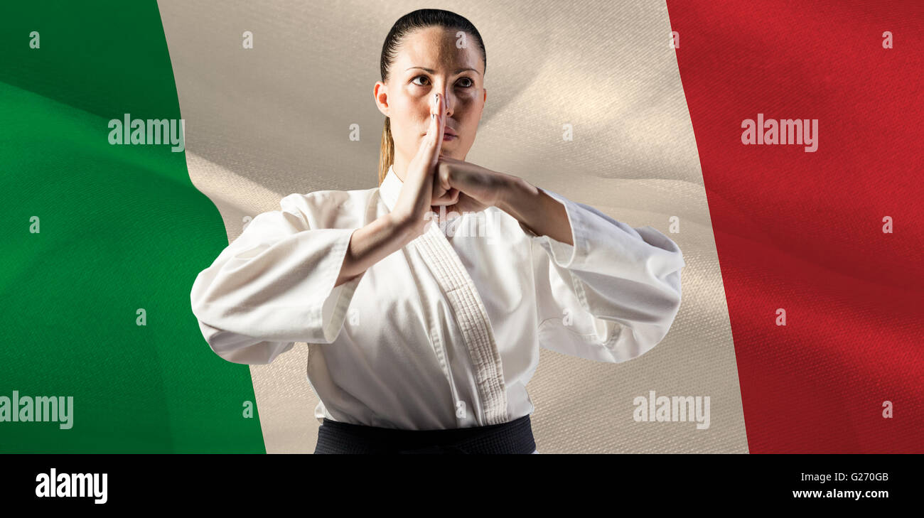 Composite image of female fighter performing hand salute Stock Photo ...