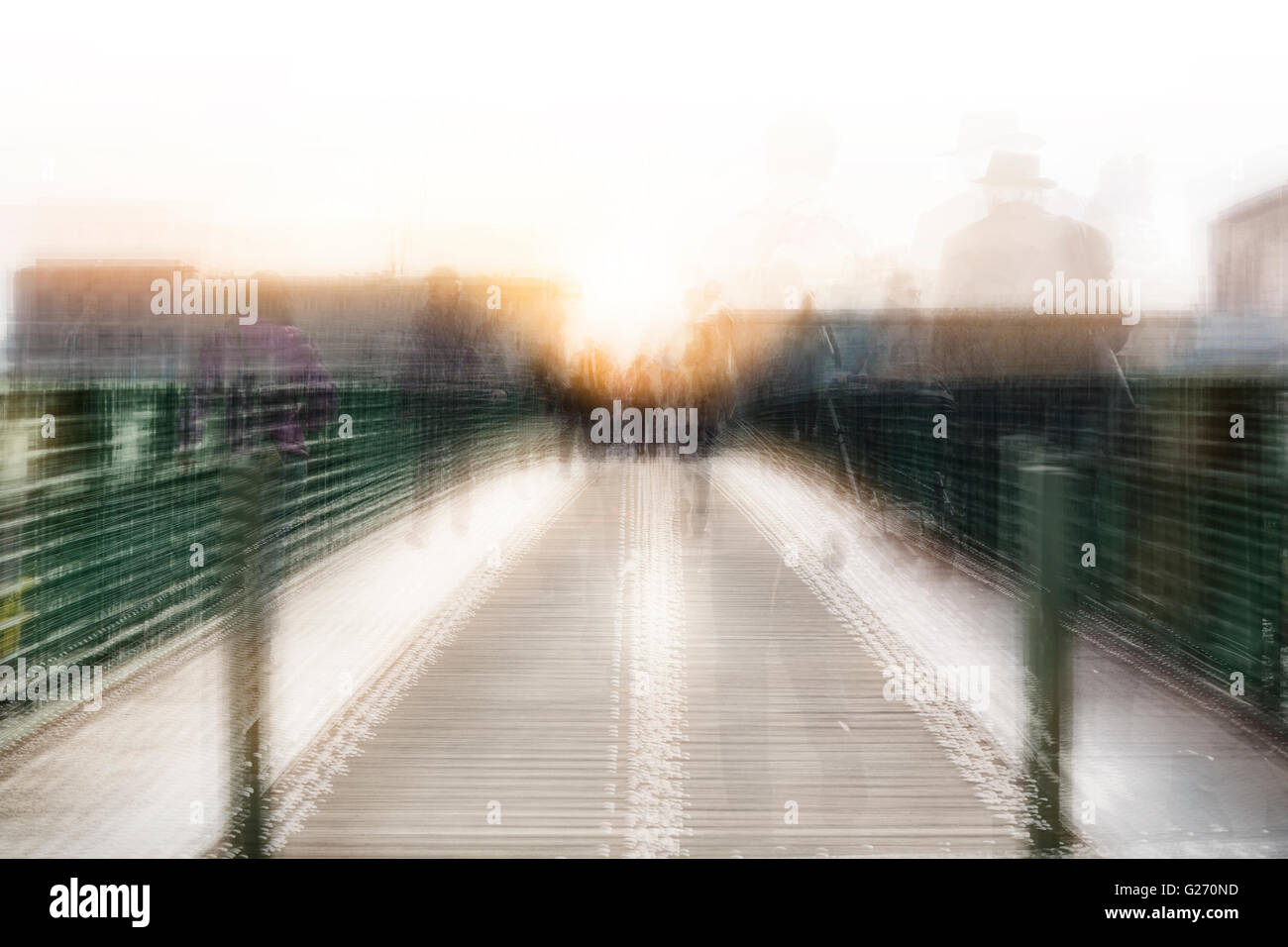 double exposure, people walking over a bridge Stock Photo - Alamy