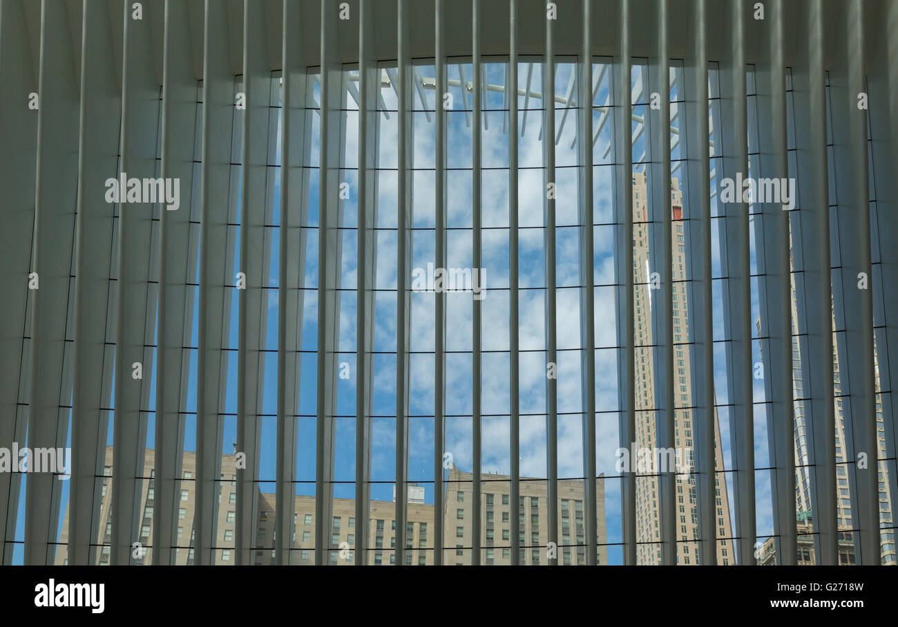 detail of NYC buildings through the skylight of the new downtown Path ...