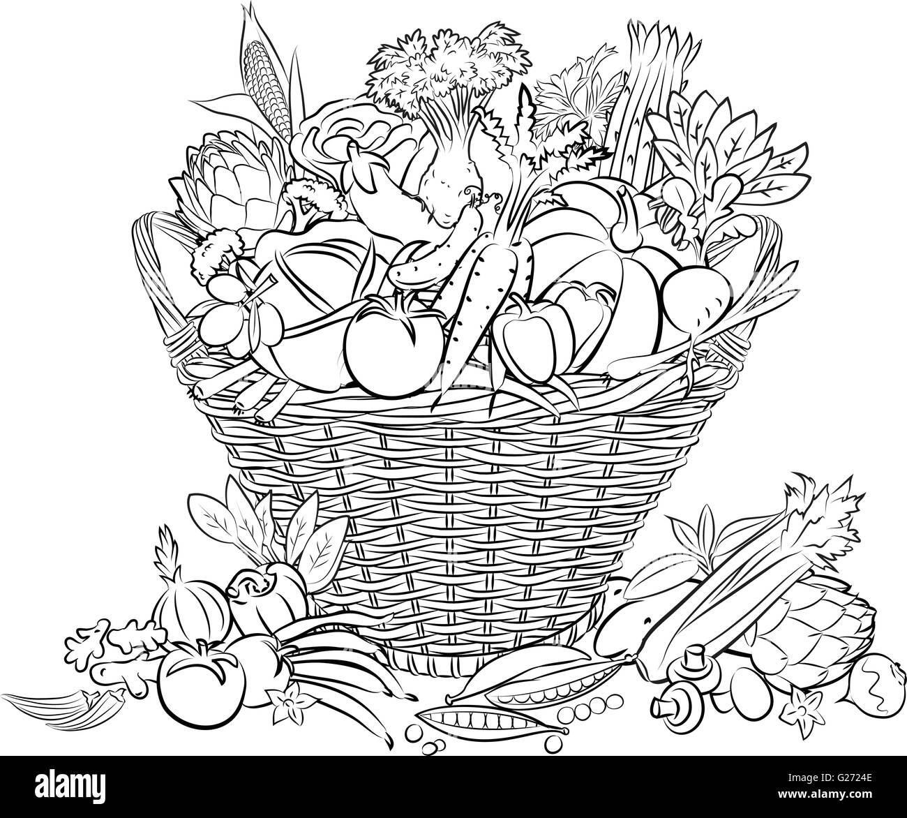 vector illustration of basket full of vegetables in line art mode Stock ...