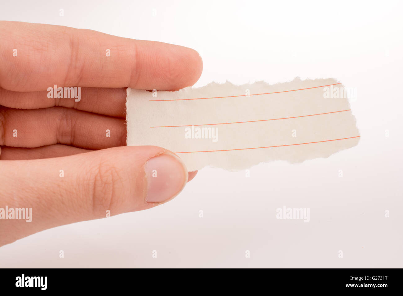 Hand holding a piece of torn lined paper on a white background Stock ...