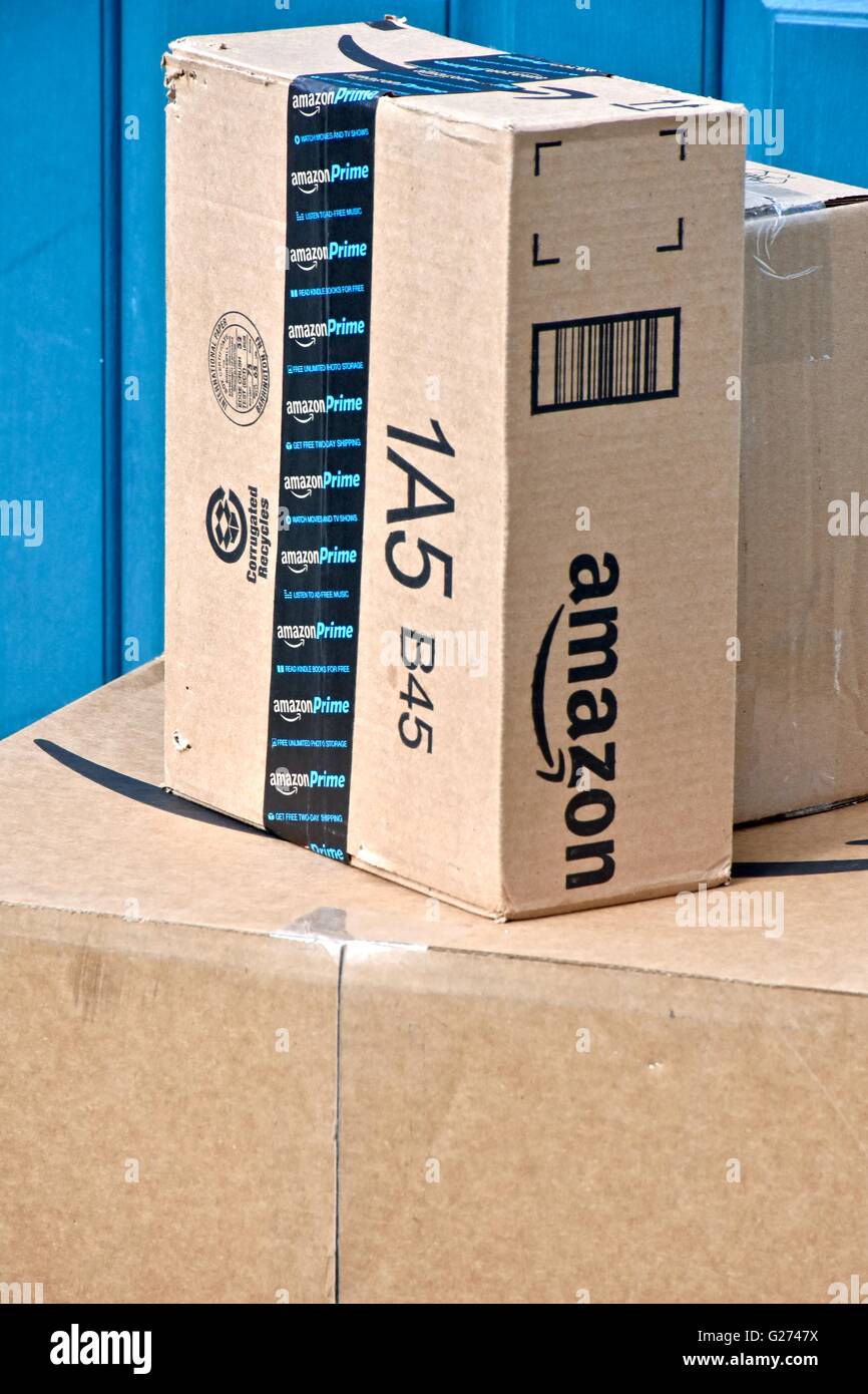 Amazon Prime boxes delivered to a residential home Stock Photo - Alamy
