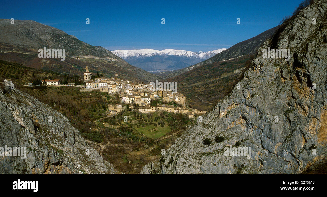 the village of Anversa in Abruzzo (Italy) in front of Gran Sasso d ...