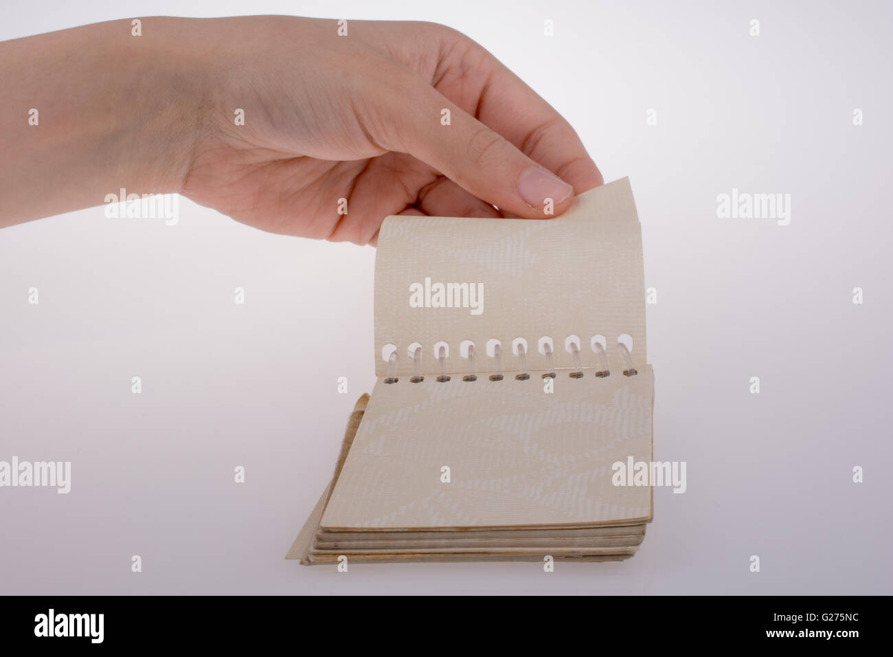 Hand holding a spiral notebook on a white background Stock Photo - Alamy