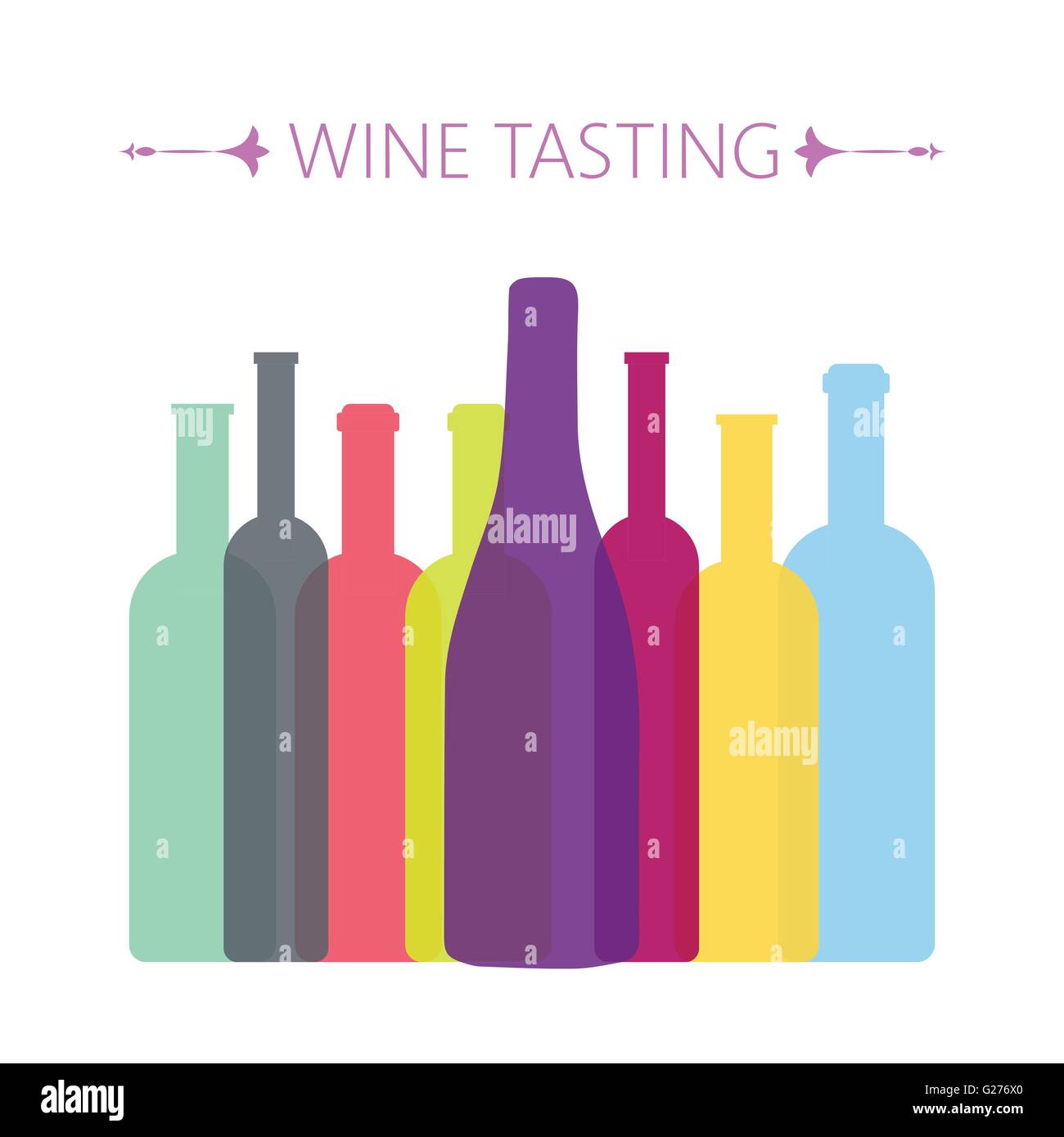 Wine tasting card, with colored bottles over a white background ...
