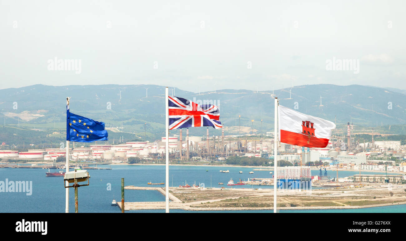 Flags of the EU, the UK and Gibraltar flying on the Rock of Gibraltar ...