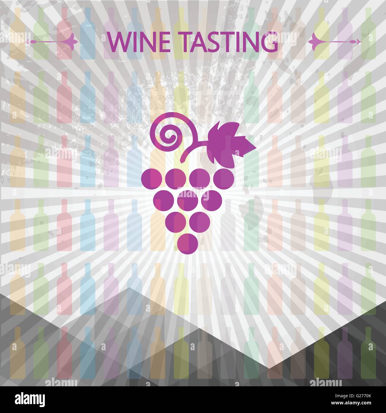 Wine tasting card, big grape sign over colored bottles background with ...