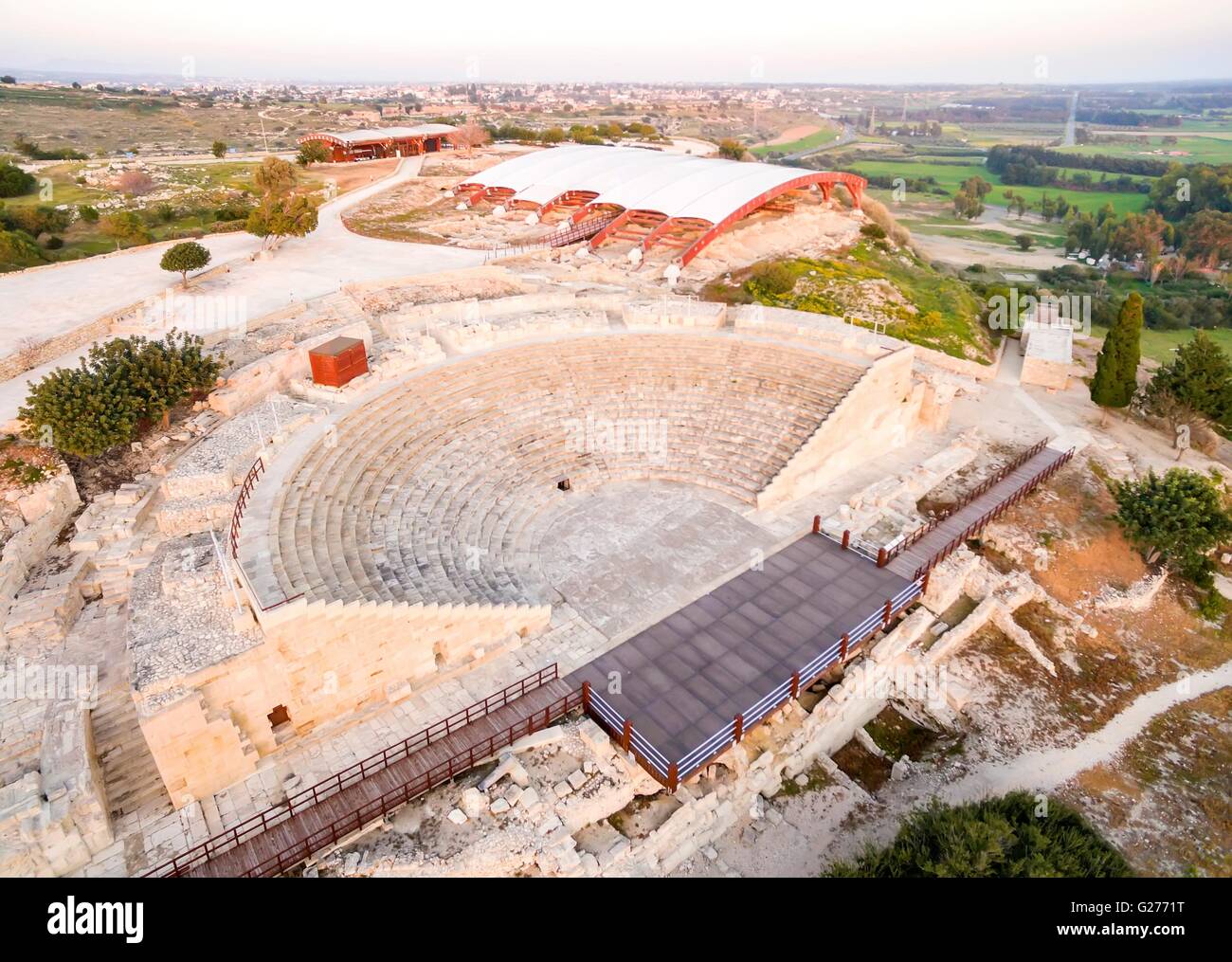 Aerial view of the arcaeological site of the ancient city of Kourio ...