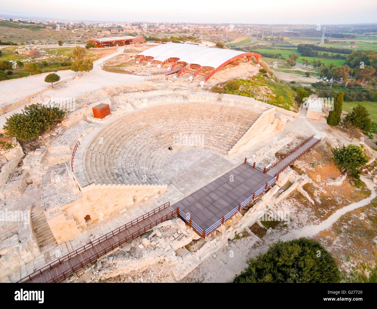 Aerial view of the arcaeological site of the ancient city of Kourio ...