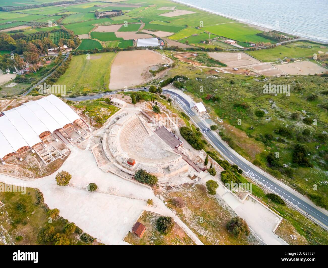 Aerial view of the arcaeological site of the ancient city of Kourio ...