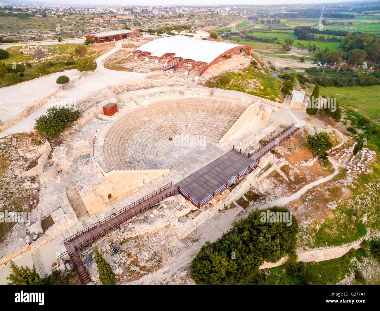 Aerial view of the arcaeological site of the ancient city of Kourio ...