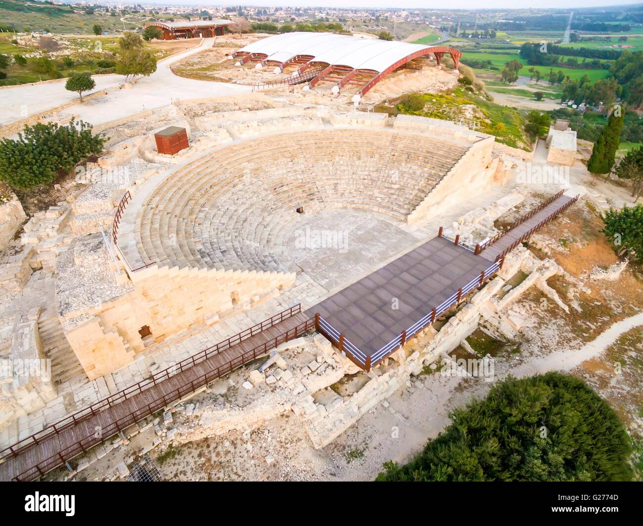 Aerial view of the arcaeological site of the ancient city of Kourio ...