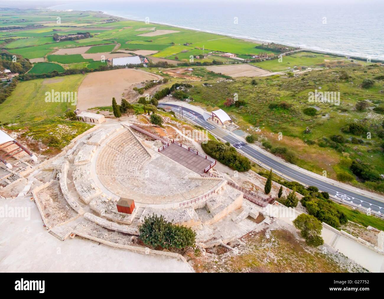 Aerial view of the arcaeological site of the ancient city of Kourio ...