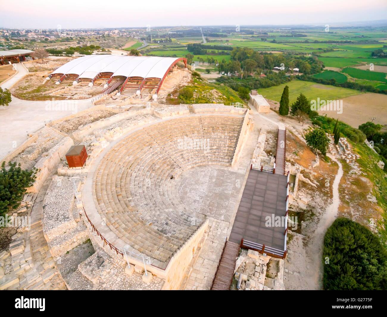 Aerial view of the arcaeological site of the ancient city of Kourio ...