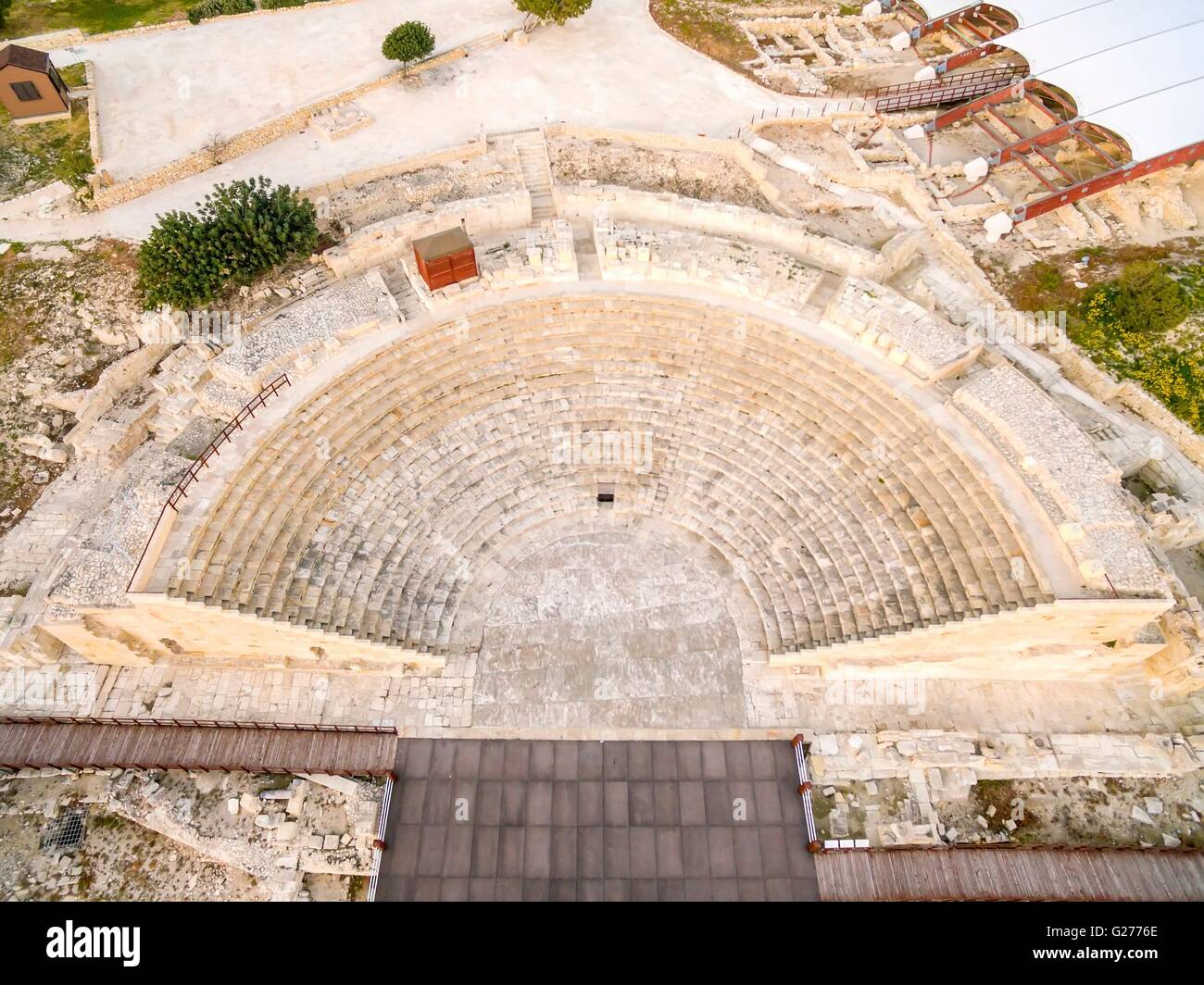 Aerial view of the arcaeological site of the ancient city of Kourio ...