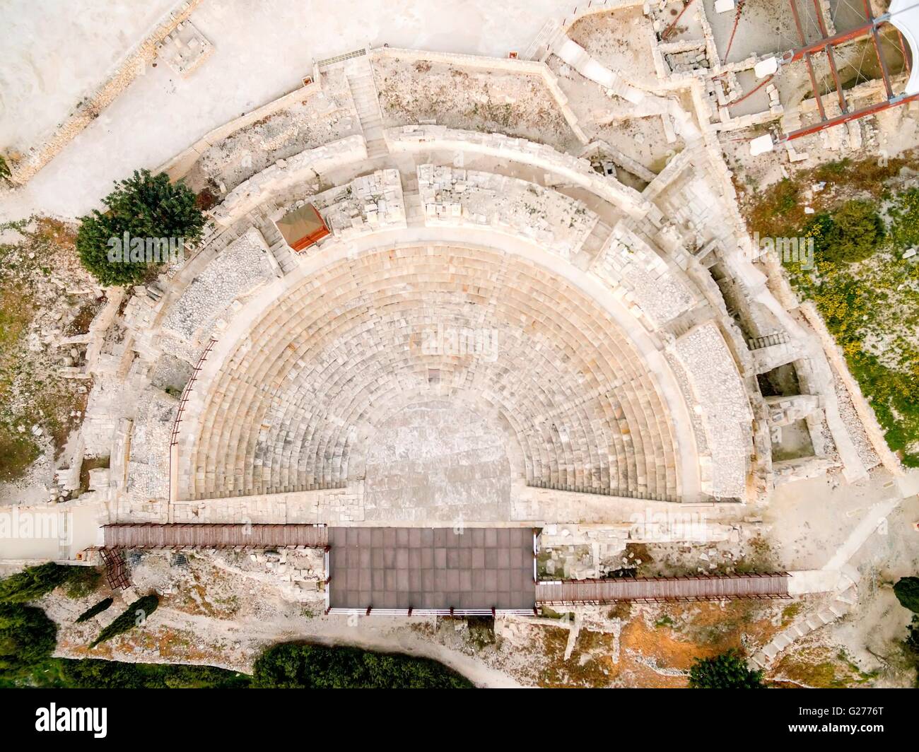 Aerial view of the arcaeological site of the ancient city of Kourio ...