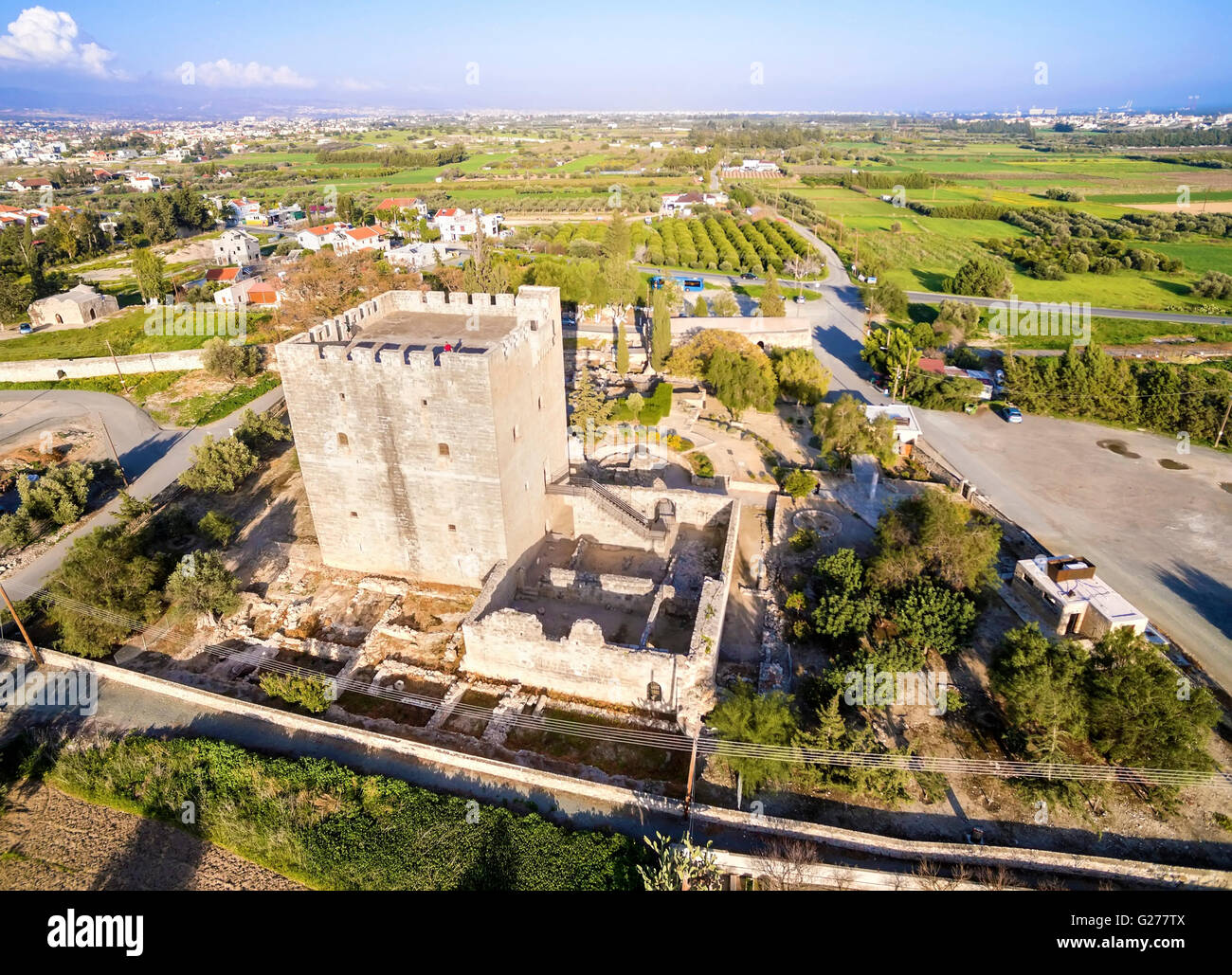 Aerial view of the medieval castle of Kolossi. It is situated in the ...