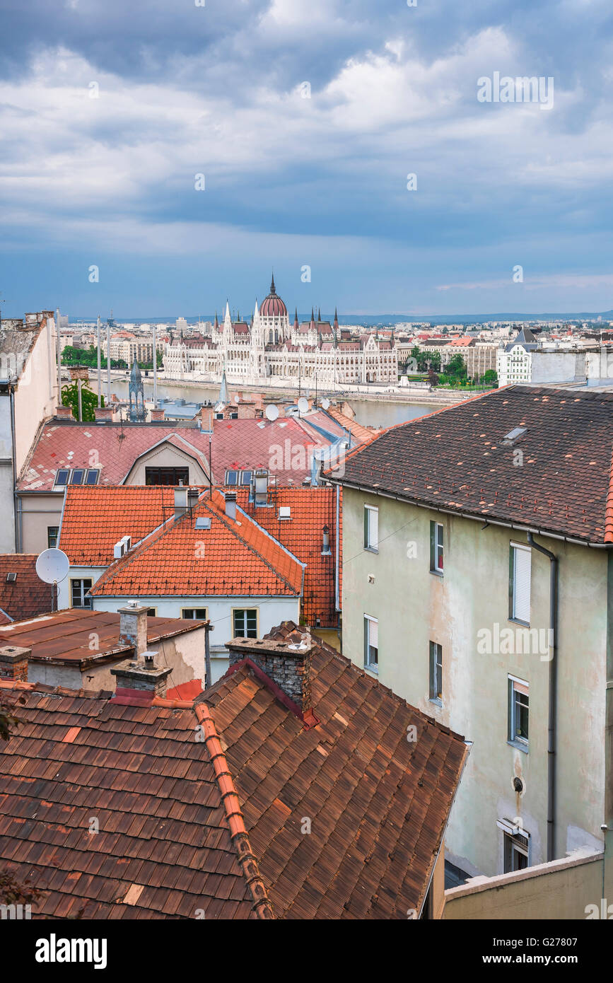 Buda cityscape, view across rooftops high on the Var Hill in Buda ...