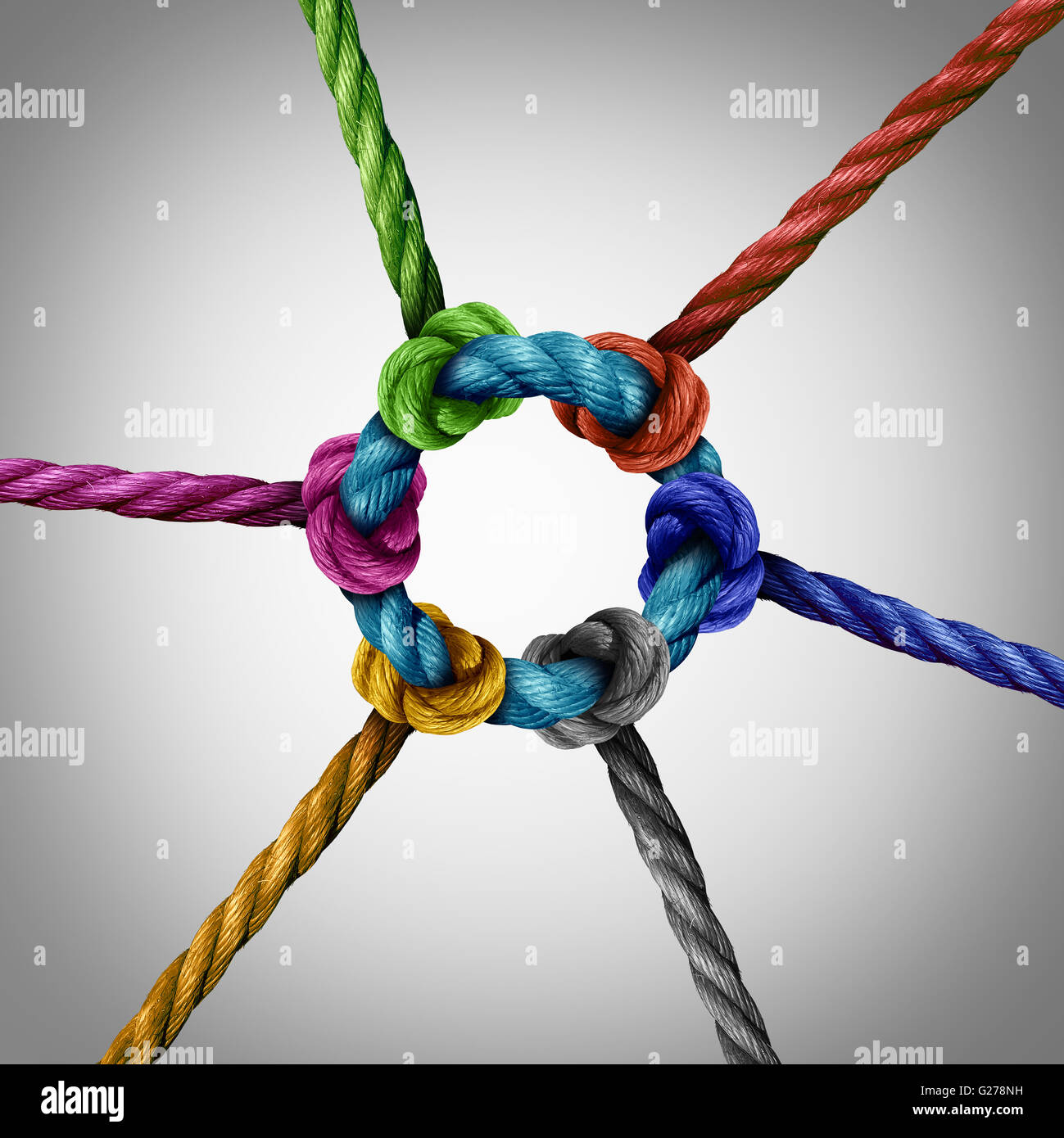 Central network connection business concept as a group of diverse ropes ...