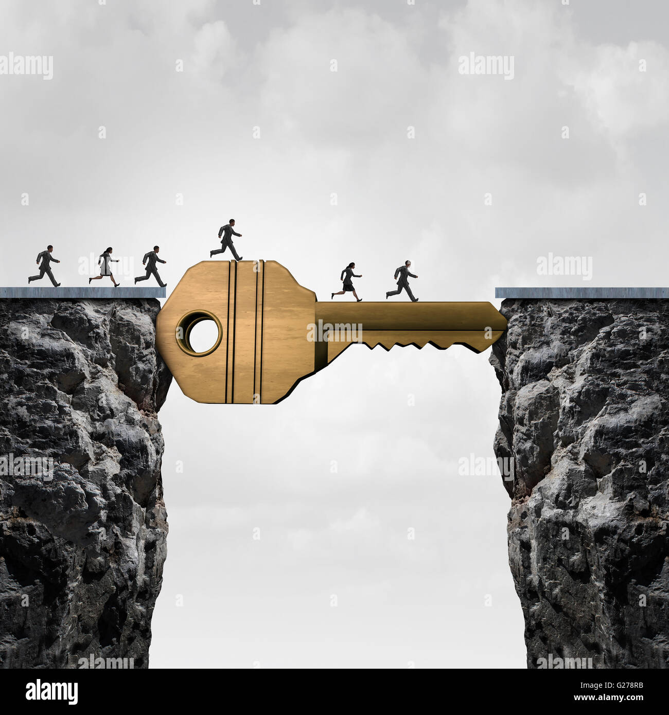 Success key concept as a group of people running across two cliffs with ...
