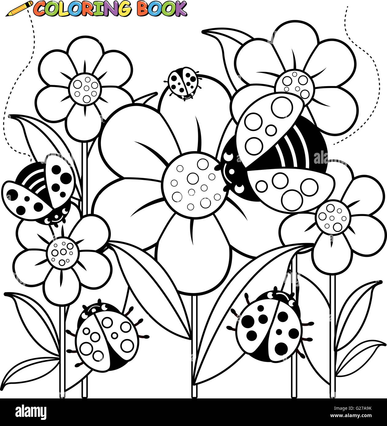 Black and white outline image of ladybugs flying on flowers in ...