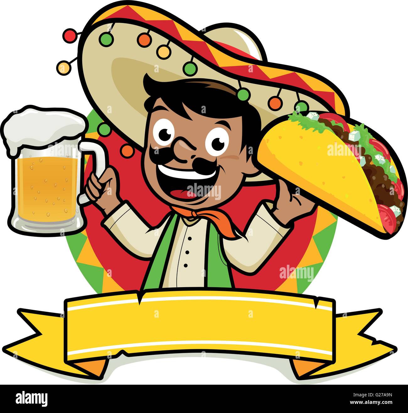Mexican man holding a cold beer and a taco. Mexican restaurant banner ...