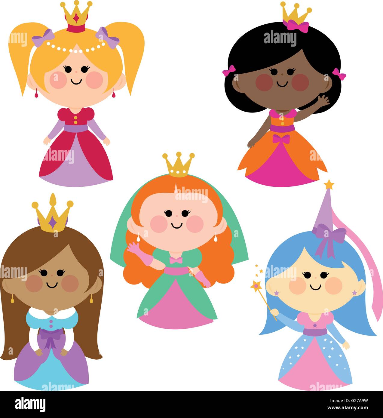 Cute princess girls with pretty dresses. Diverse group of princesses ...
