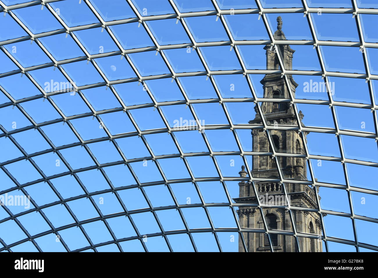 The spire of Holy Trinity Church through the glass roof of Trinity ...