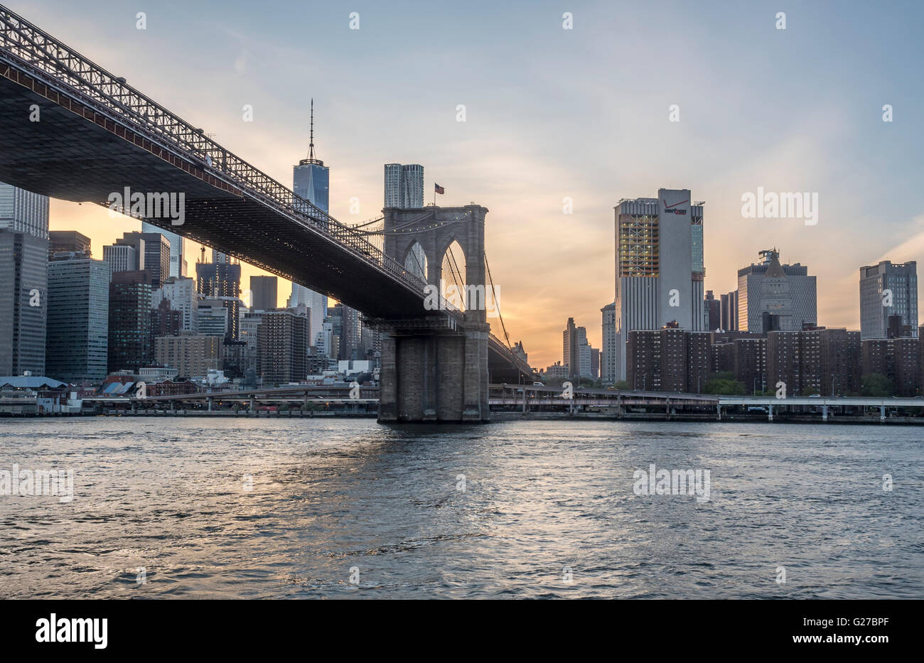 Brooklyn Bridge is a hybrid cable-stayed/suspension bridge in New York ...