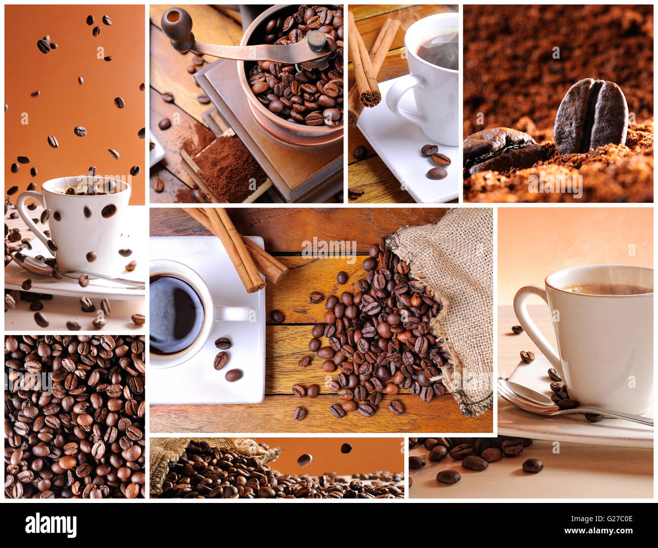Traditional Coffee collage with wood and brown background from ...
