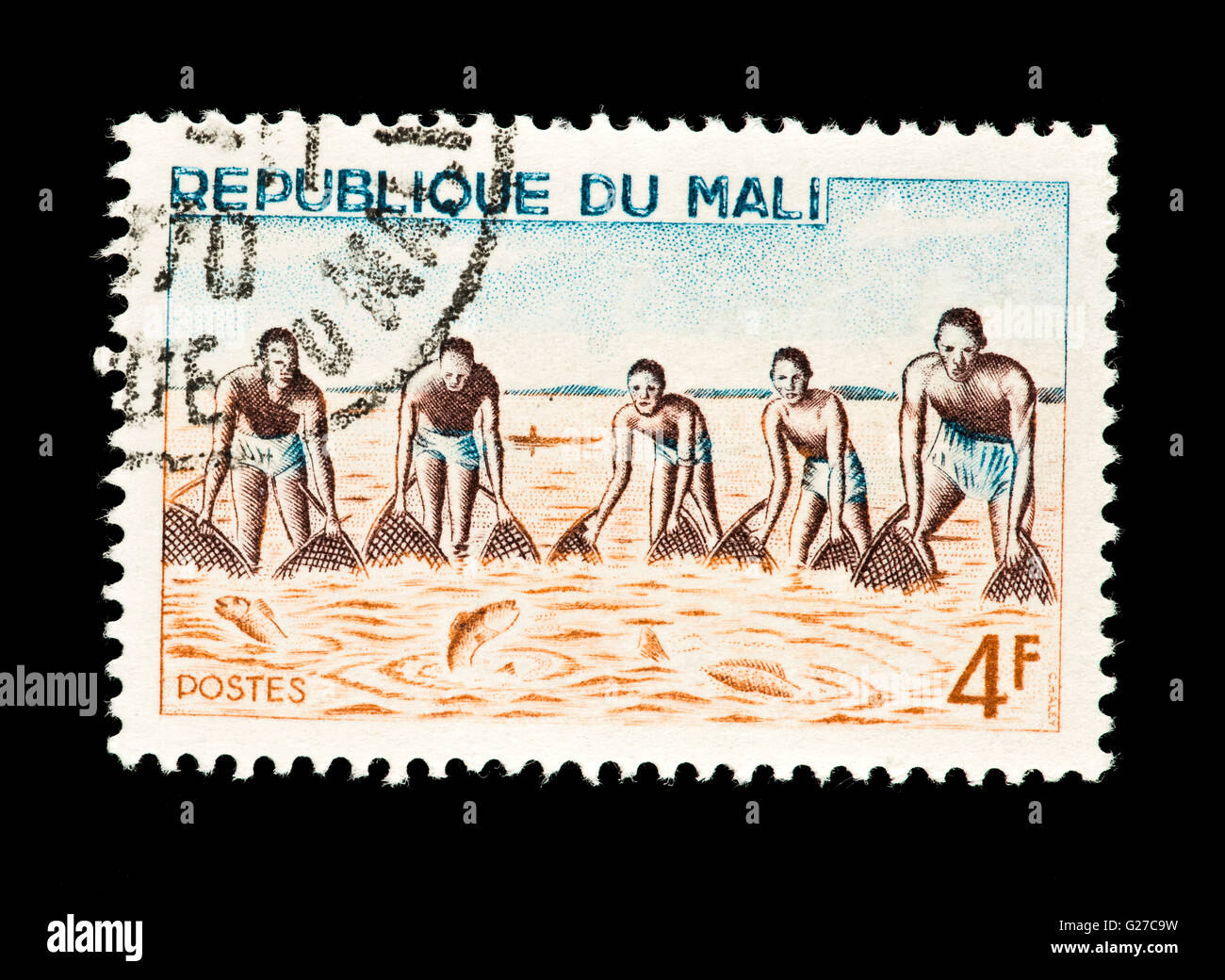 Postage stamp from Mali depicting native men fishing Stock Photo - Alamy