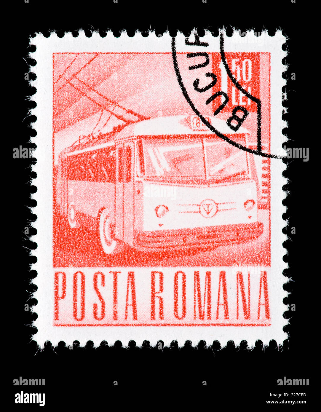 Postage stamp from Romania depicting an electric bus Stock Photo - Alamy