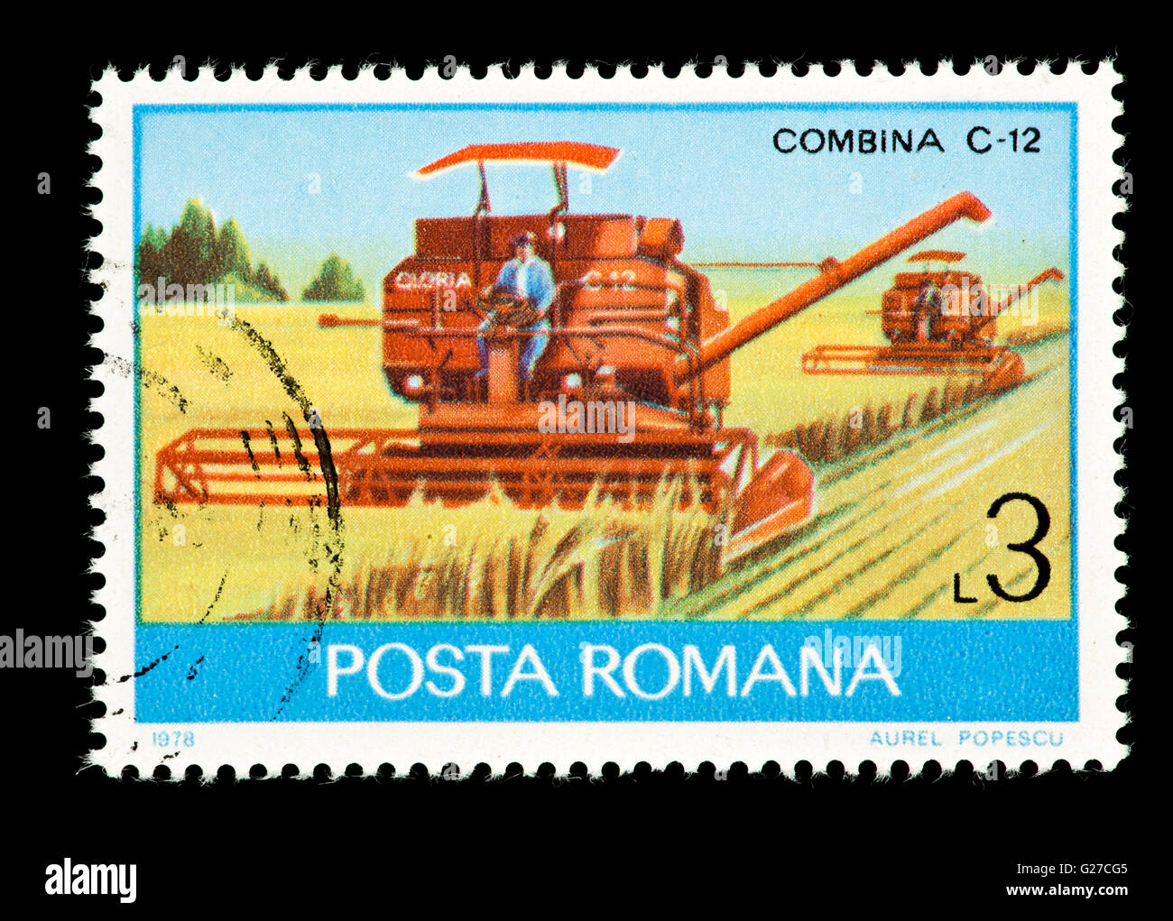 Postage stamp from Romania depicting a combine Stock Photo - Alamy