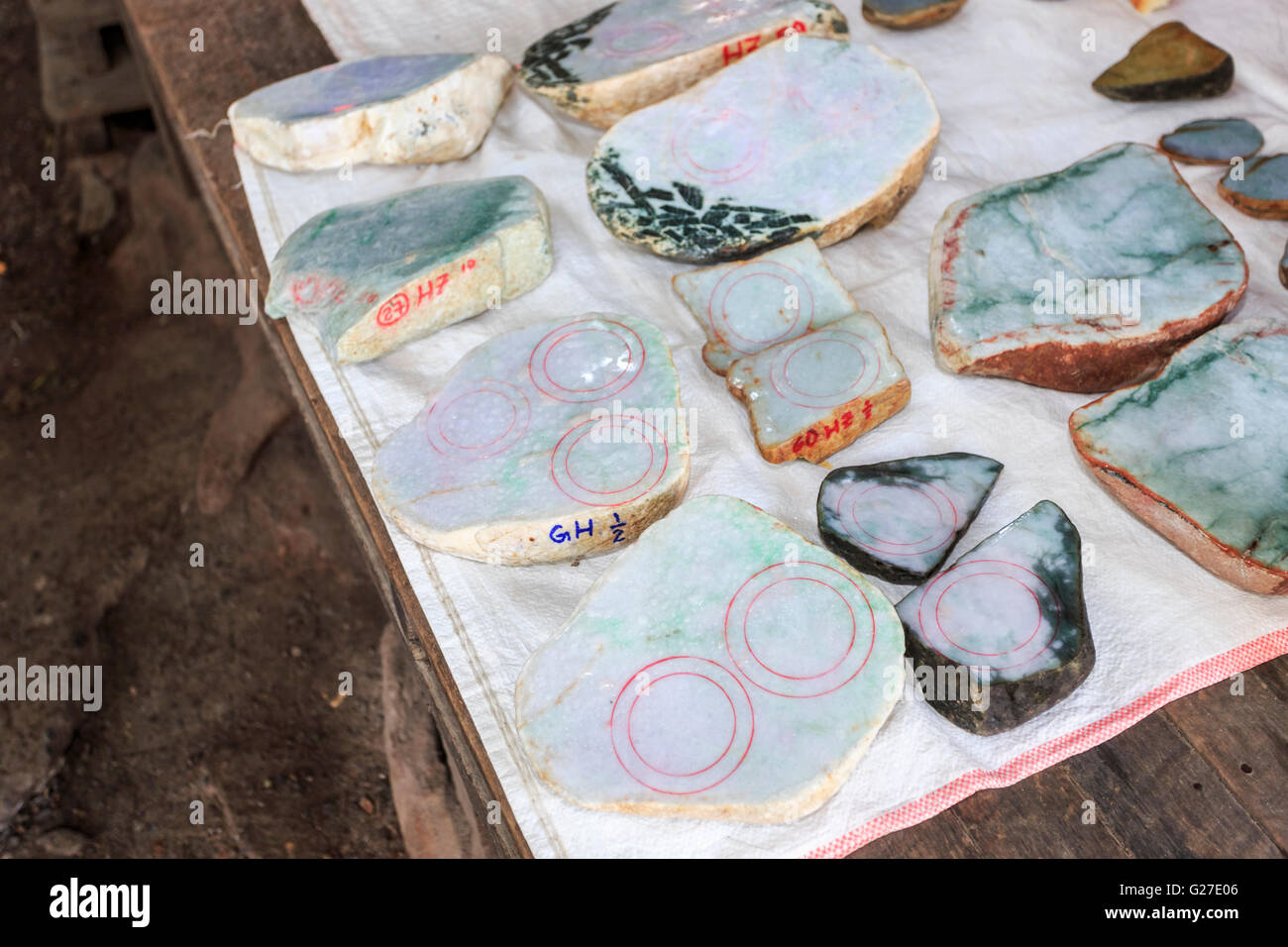 Pieces of jade displayed for sale in the Jade Market, Mandalay, Myanmar ...