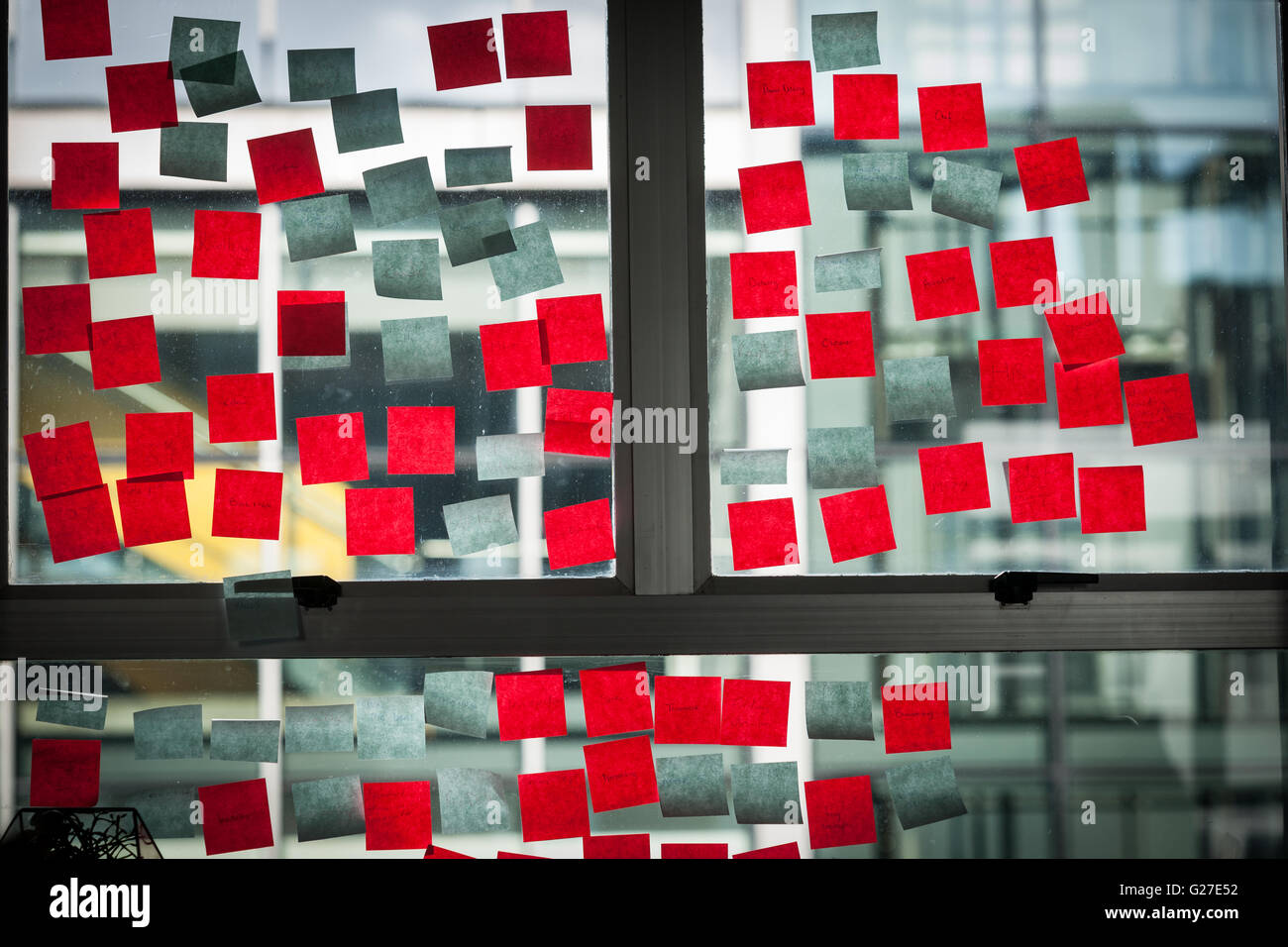 Office window used to ideas board with red and blue sticky note papers ...