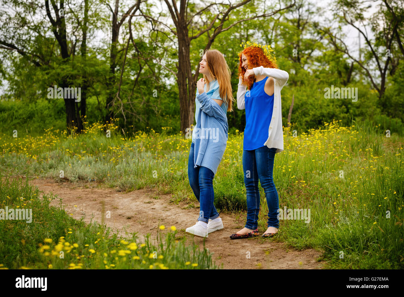 Best friends forever. Girlfriends spend time together in the park. BFF ...