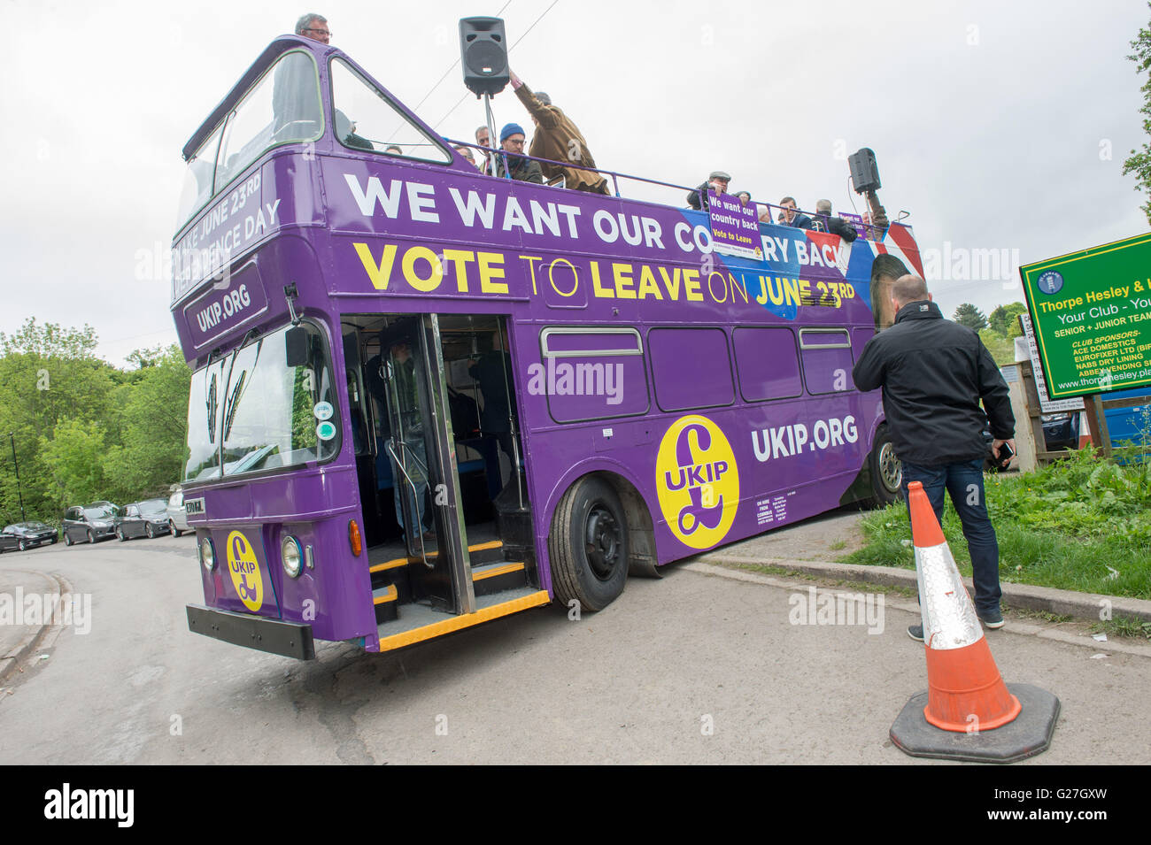 UKIP Leader Nigel Farage aboard his BREXIT battle bus in Thorpe Hesley ...