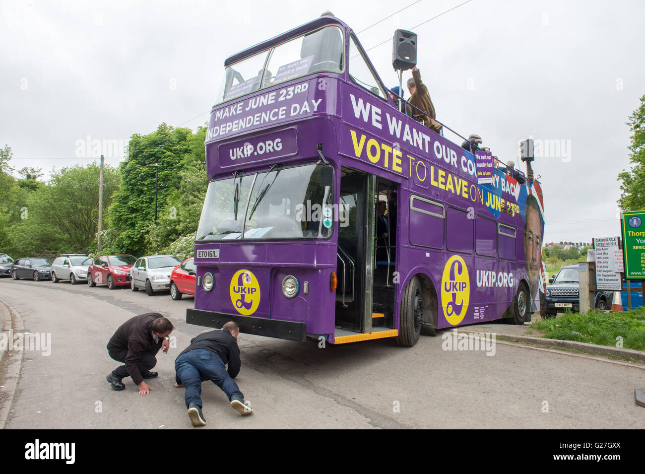 UKIP Leader Nigel Farage aboard his BREXIT battle bus in Thorpe Hesley ...