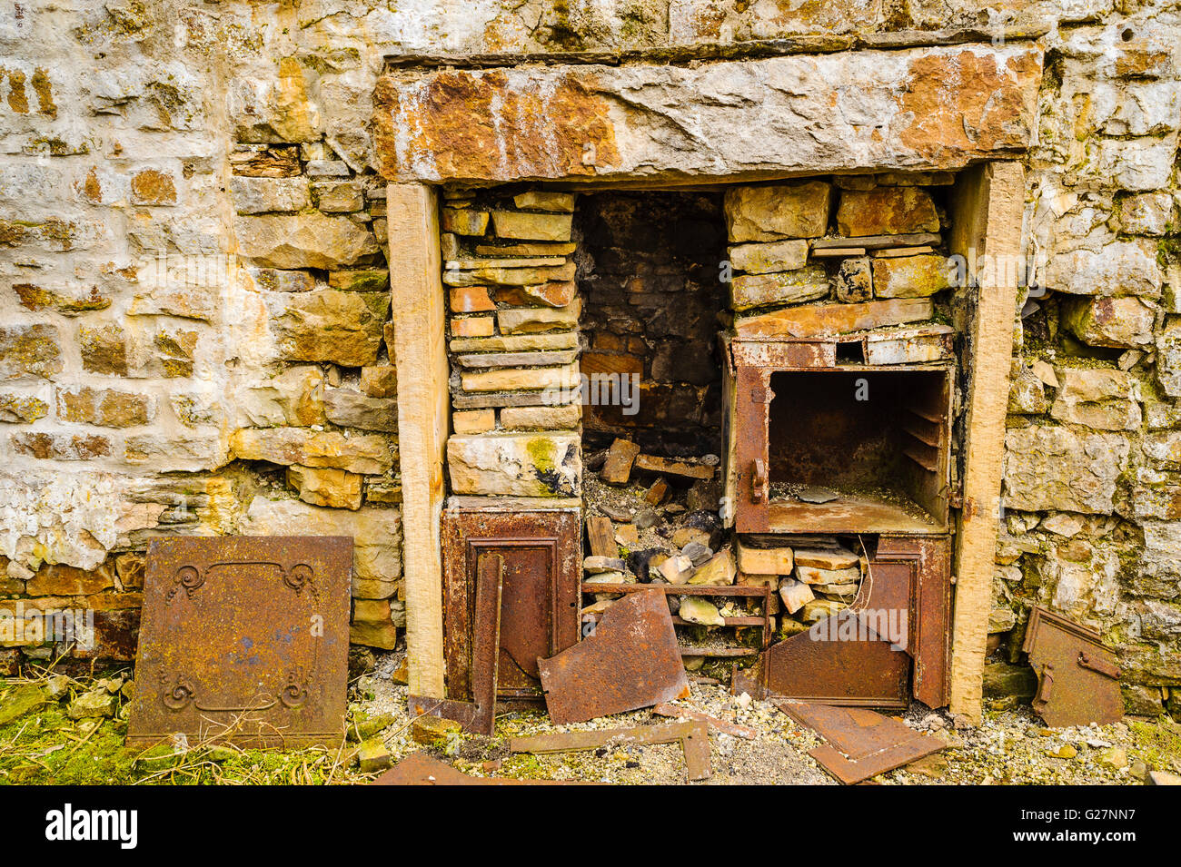 Remains of kitchen range at Crackpot Hall above Swaledale in the ...