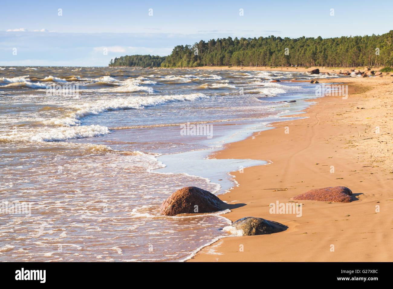 Baltic sea coastal landscape with shore water and wet stones laying on ...