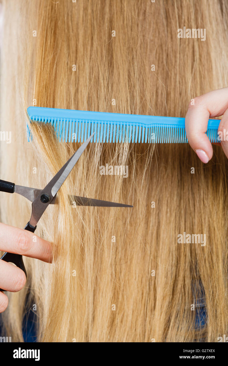 Cutting down and shearing concept. Blonde woman cuts and combing her ...