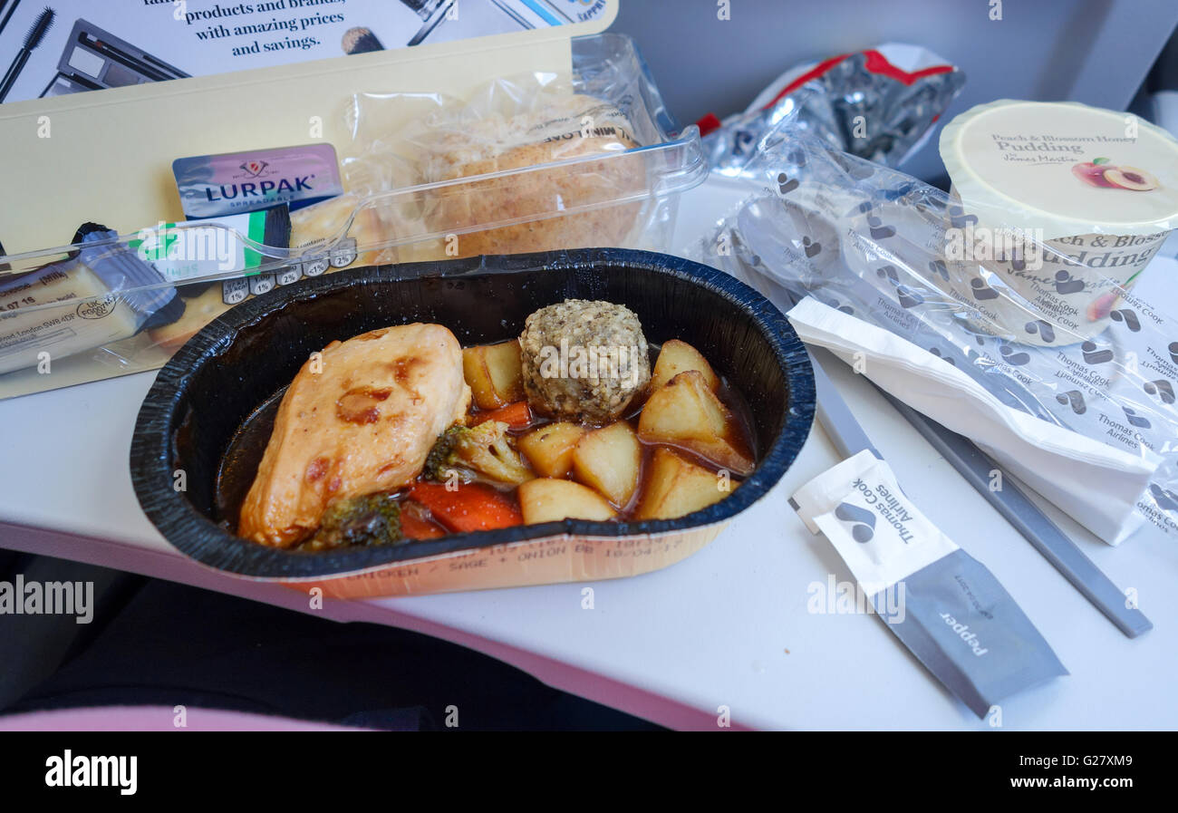 Packaged ready meal food and drinks on board a Thomas Cook airlines ...