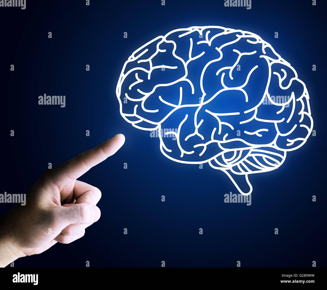 Human hand pointing with finger at brain icon Stock Photo - Alamy