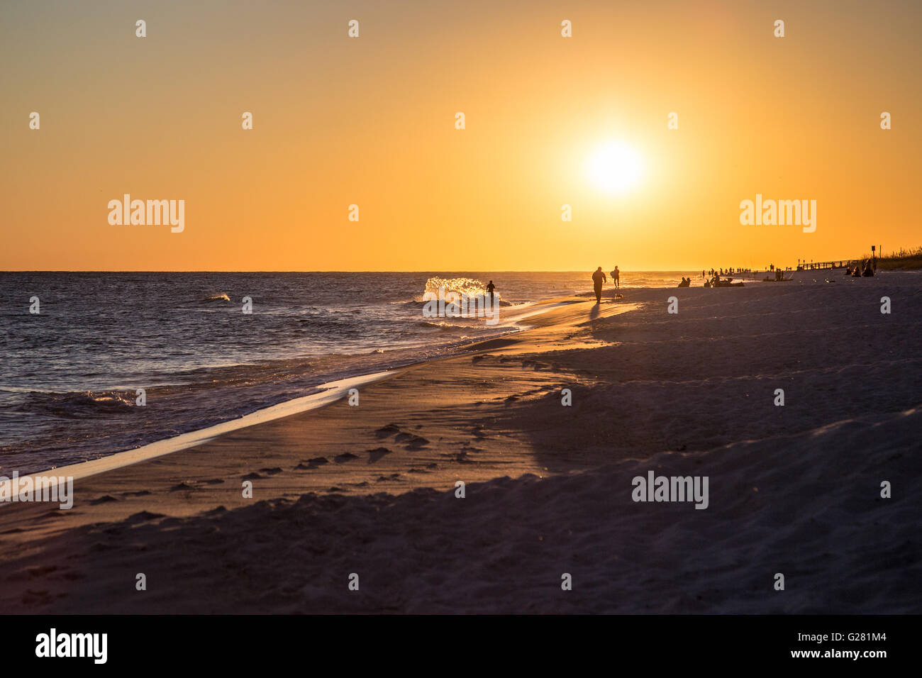 Surfers in waves at sunset with spectators on beach Stock Photo - Alamy