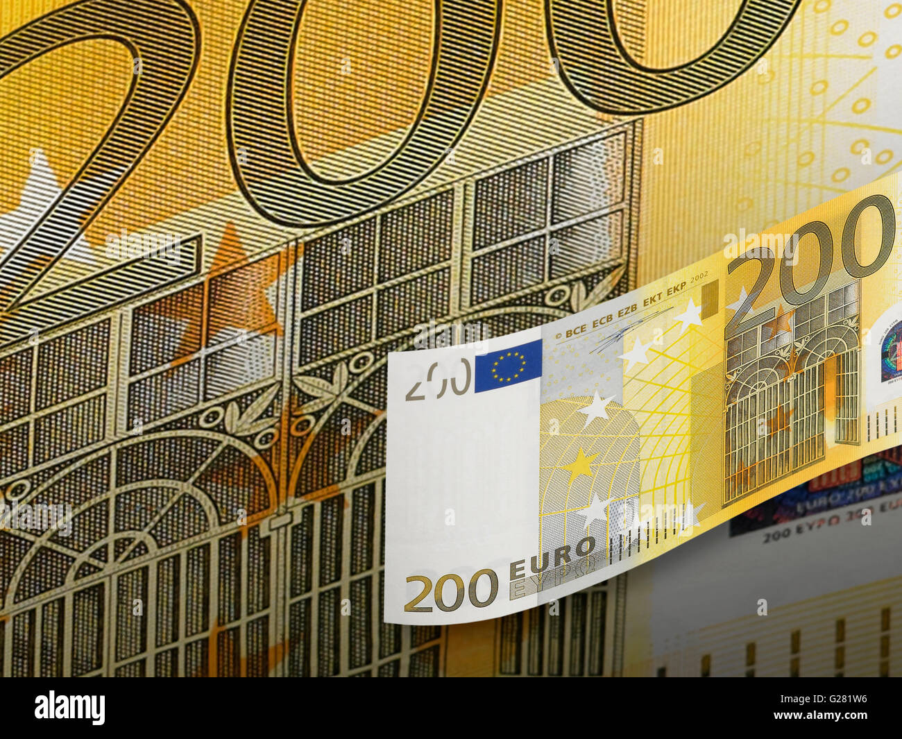 Two hundred euro bill collage in warm tone. Horizontal format Stock ...