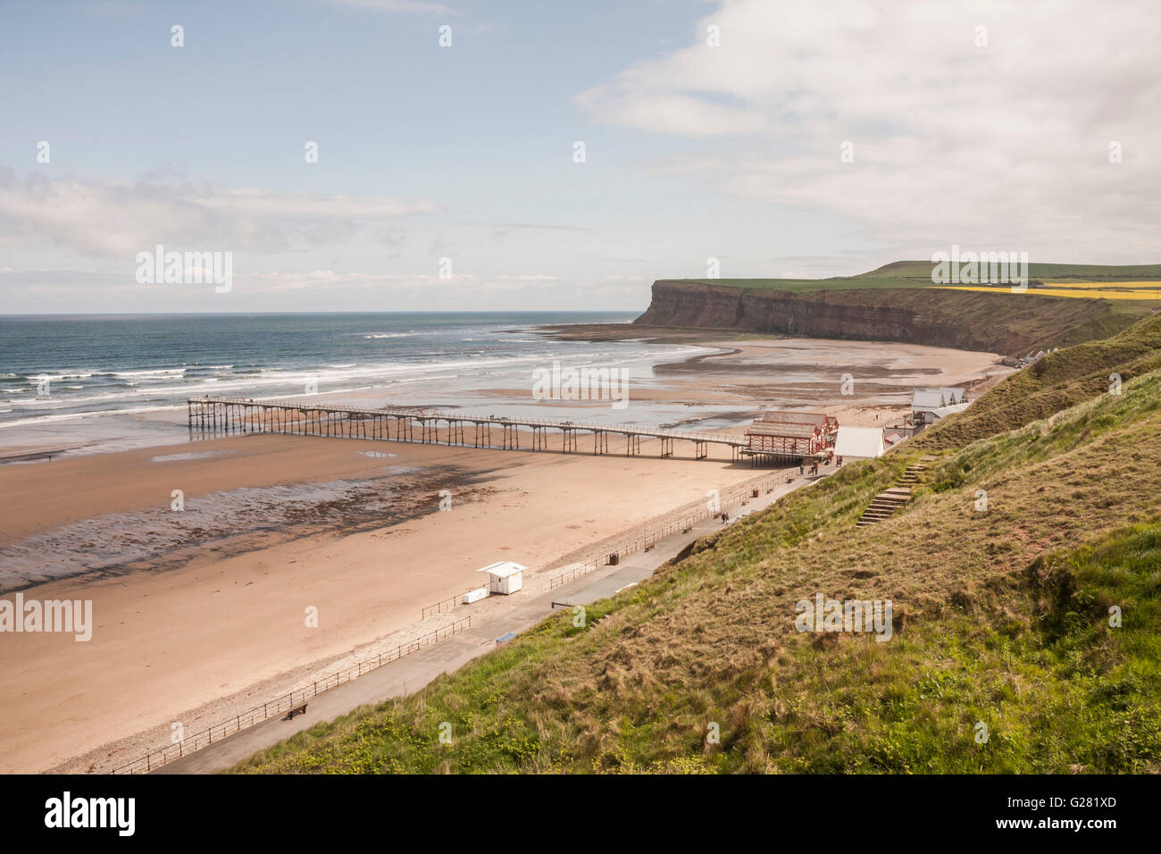 A cliff top view of the beach and Huntcliff at Saltburn by the Sea ...