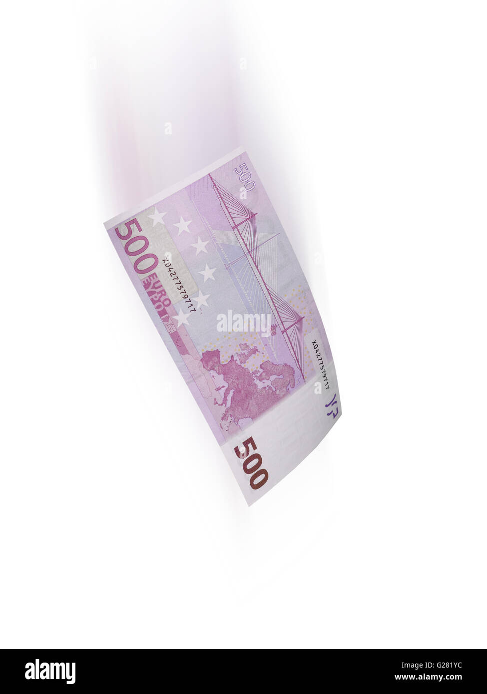 Five hundred euro bill falling isolated on white. Vertical format Stock ...