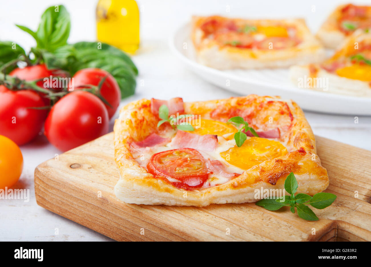 Fresh homemade square Pizza with vegetables, basil Stock Photo - Alamy