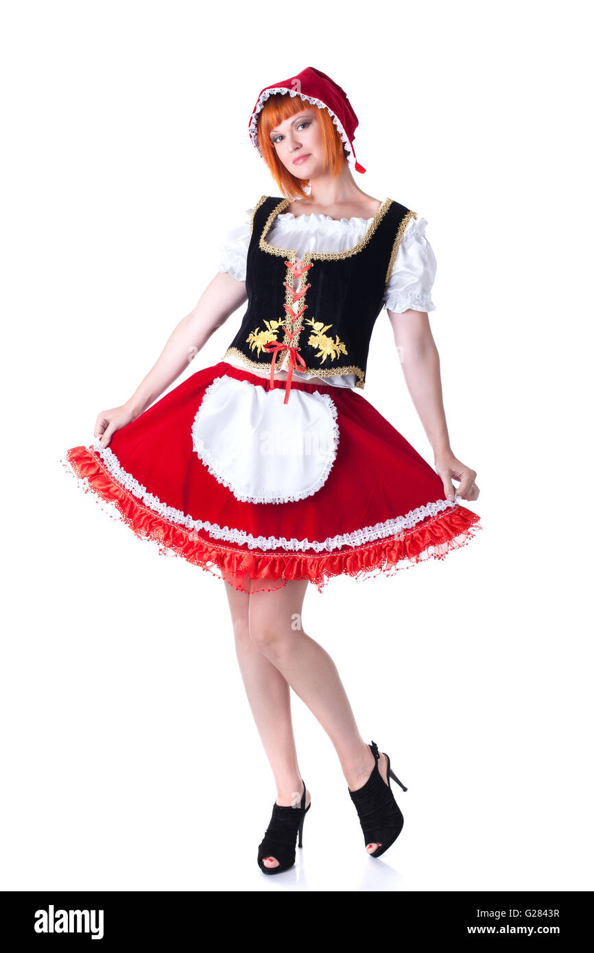 Pretty model posing as Little Red Riding Hood Stock Photo - Alamy