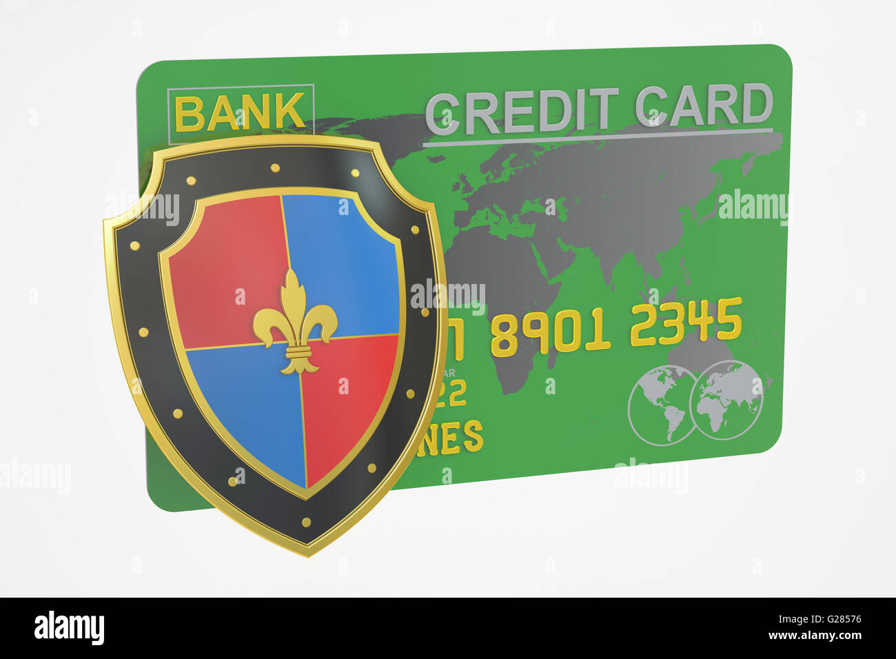 Credit card with security shield, 3D rendering isolated on white ...